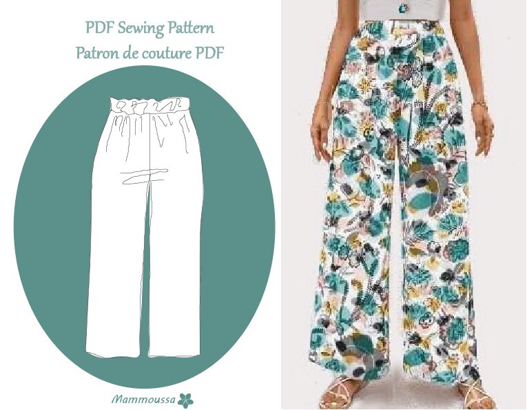 Digital Sewing Pattern: Relaxed Wide Leg Pants With Elastic Waistband ...