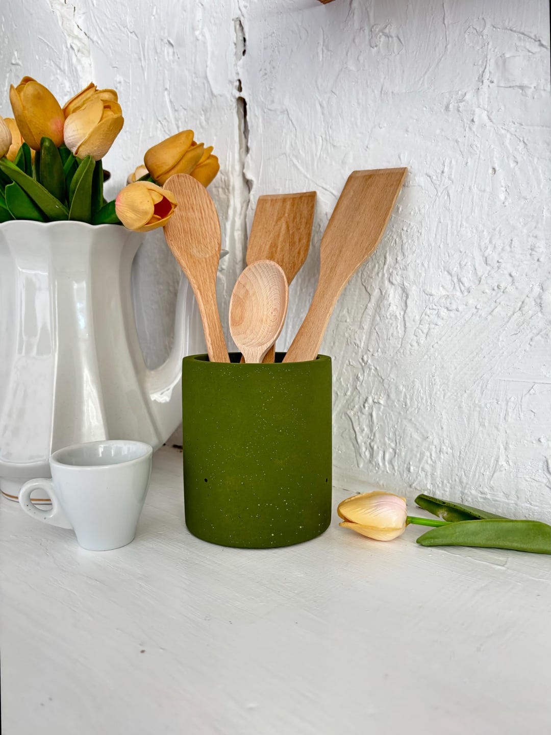 Green Utensil Holder Concrete Kitchen Storage Jar Utensil Crock Kitchen ...