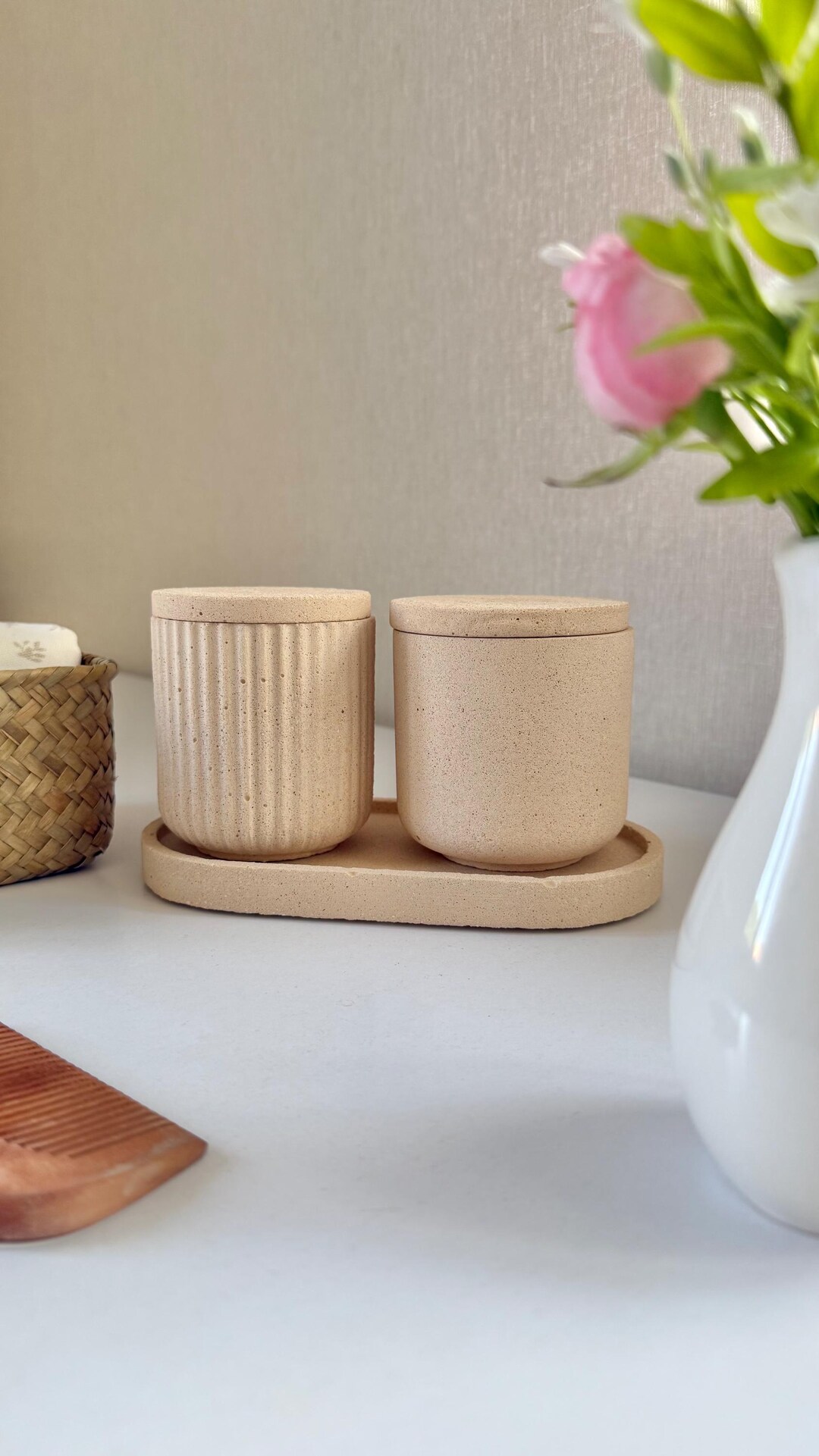 Bathroom Storage Jars Cotton Pads Cotton Buds Holder Beige Bathroom ...