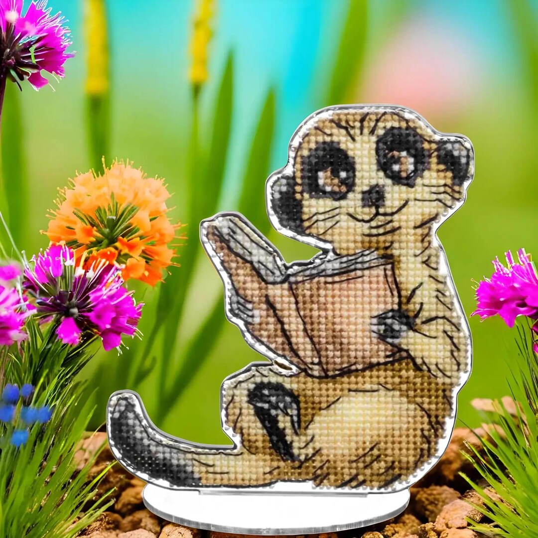 Meerkat Cross Stitch Kit on Perforated Plastic – DIY Reading Animal ...