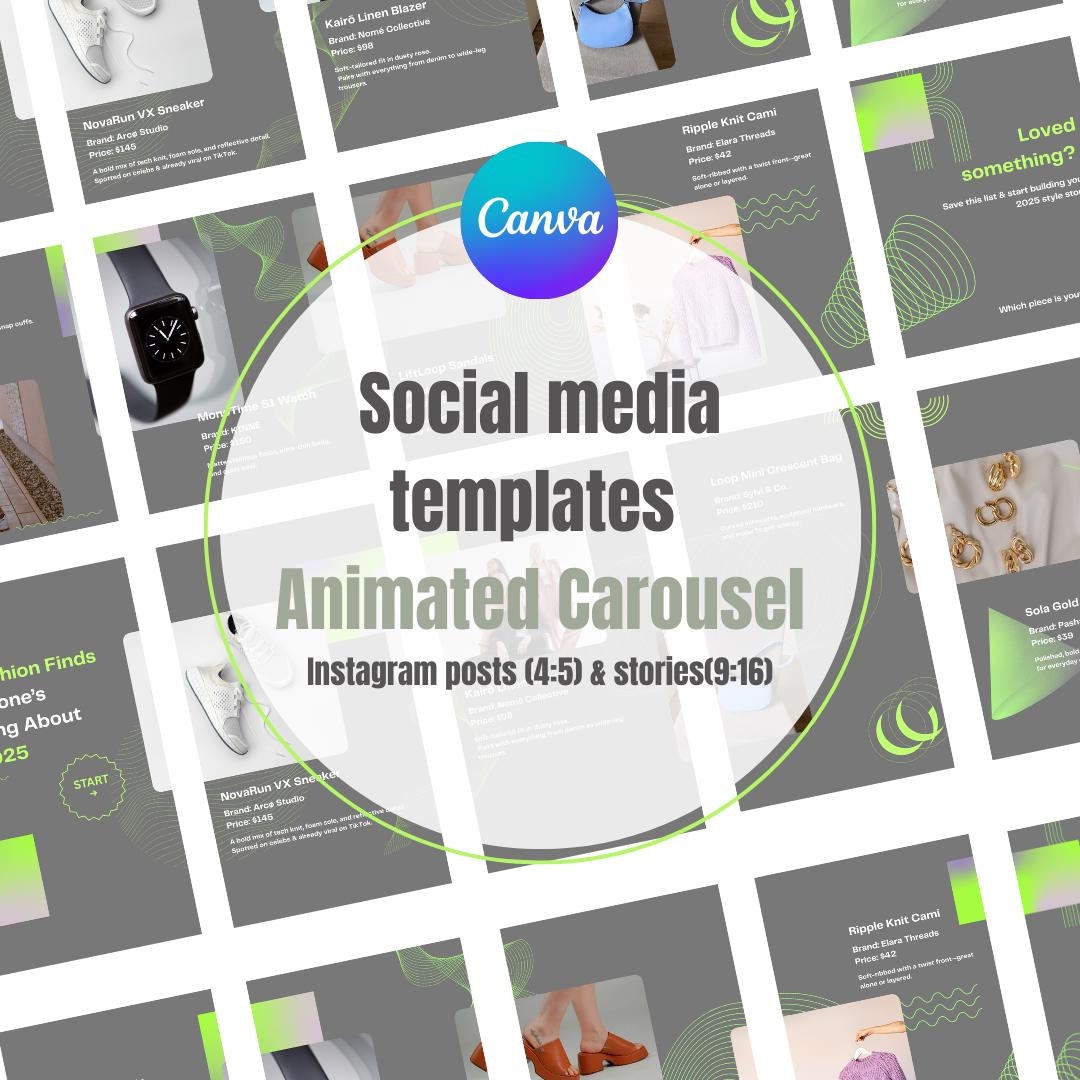 Animated Carousel Neon Green Social Media Templates (9x16, 4x5 Ratios ...