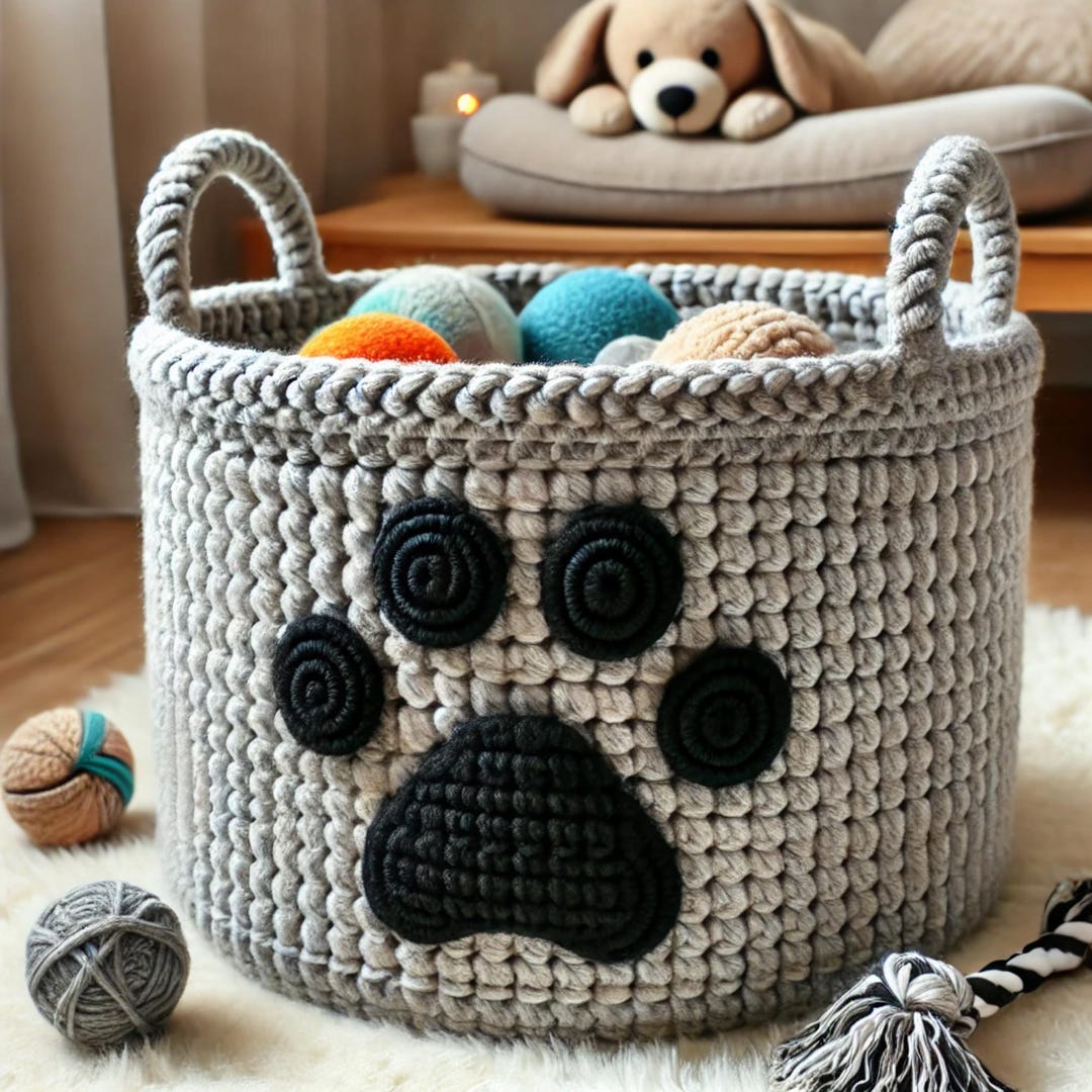 Paw Print Crochet Toy Basket – Handmade Cotton Yarn Storage for Cat and ...
