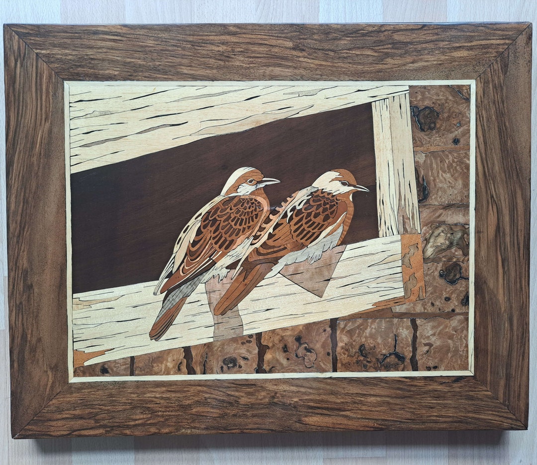 Couple Birds Artwork Walnut Wooden Mosaic Handcrafted Marquetry Inlaid ...