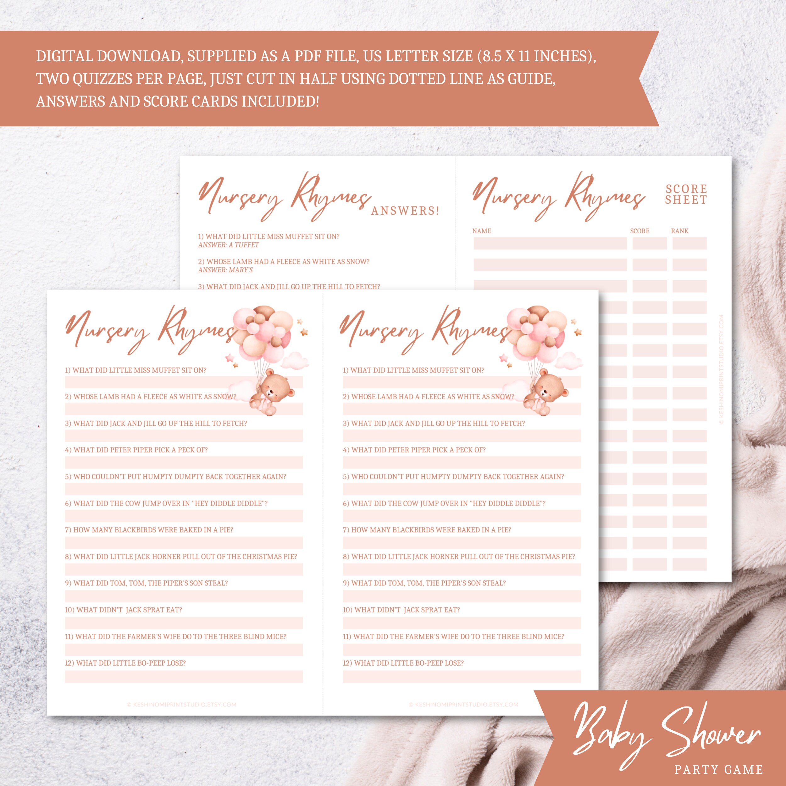 Printable Baby Shower Games, Guess the Nursery Rhymes Game in Pink ...