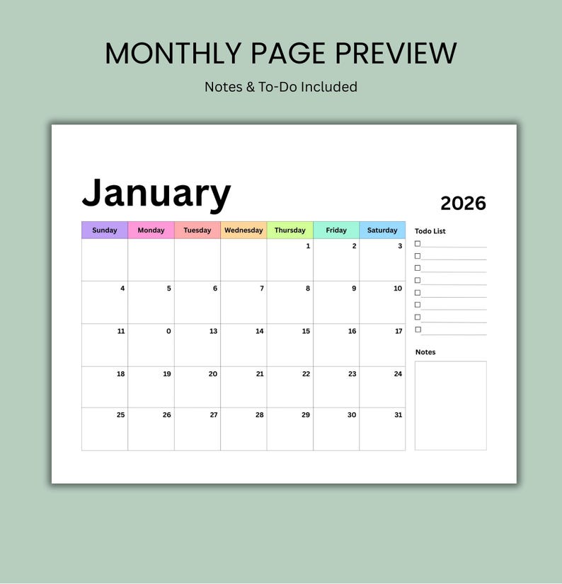 2026 Printable Calendar | Landscape Planner With Notes (A4, US Letter ...