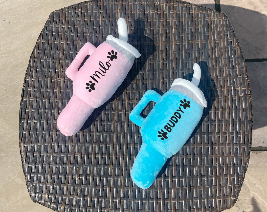 Personalized Dog Toy Drinking Cup - Custom Name Blue and Pink Plush Cup ...