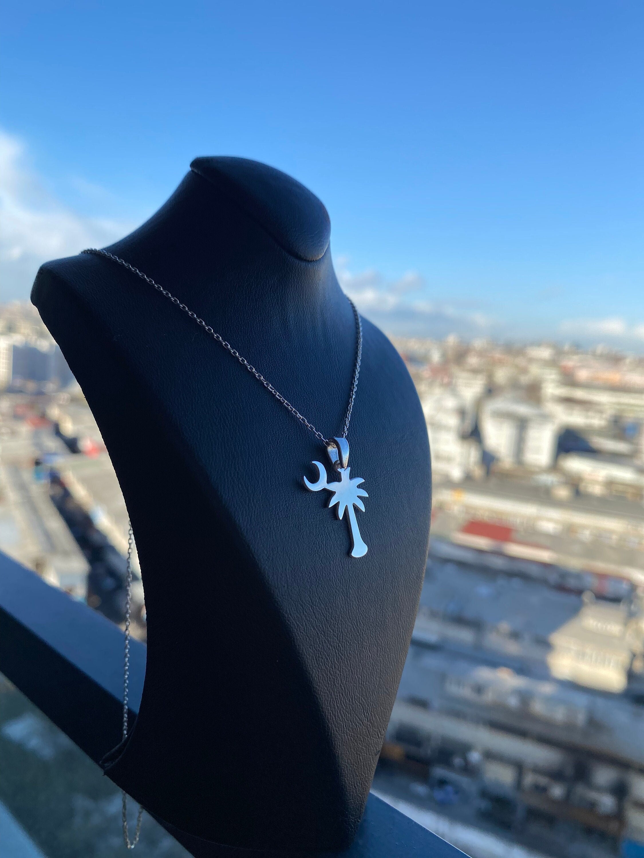 Silver South Carolina Flag Necklace, Dainty Palm & Moon Pendant, 925 ...