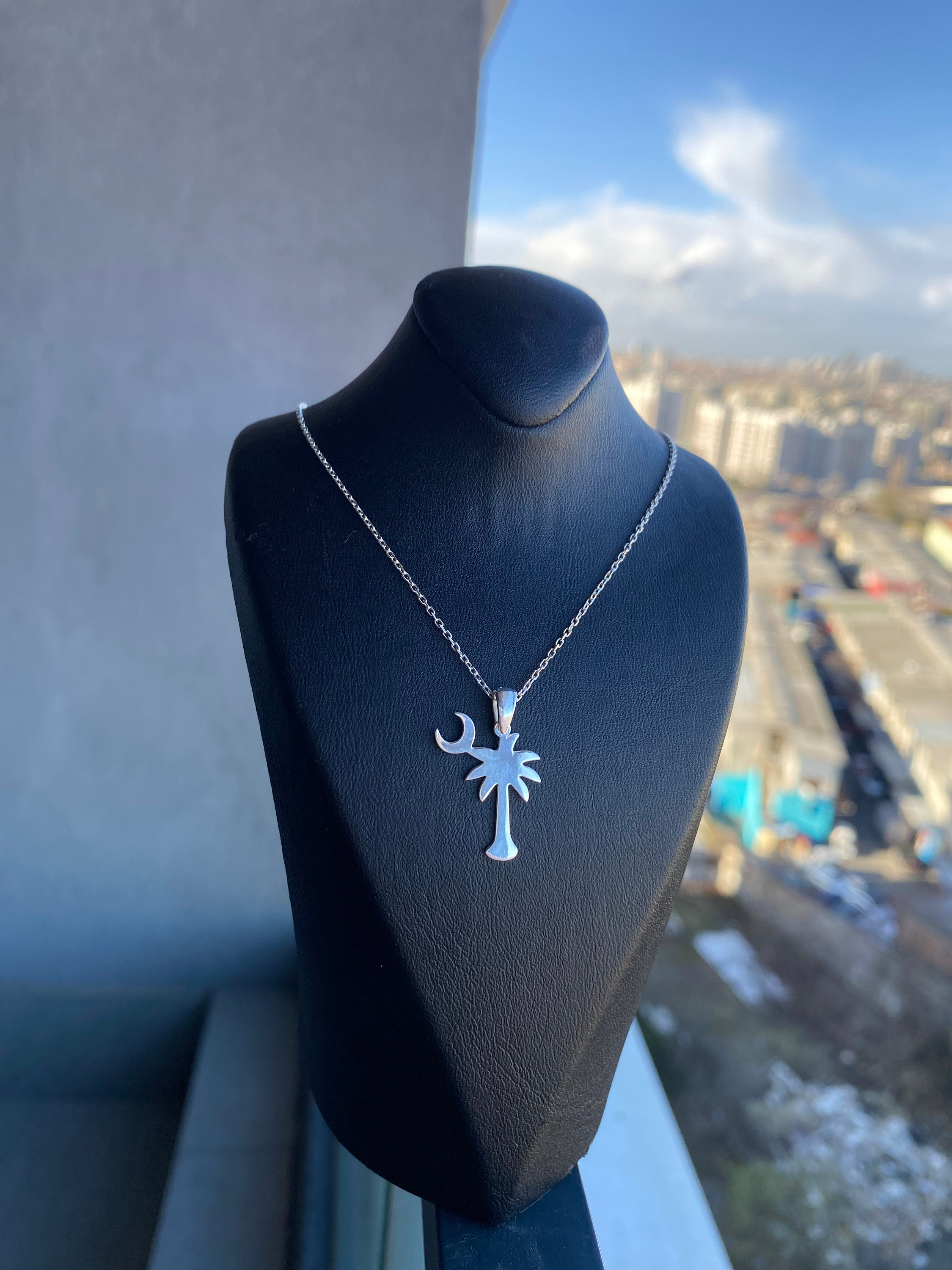 Silver South Carolina Flag Necklace, Dainty Palm & Moon Pendant, 925 ...