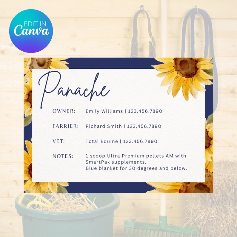 Customizable Horse Stall Card Template - Sunflower Stall Card for ...