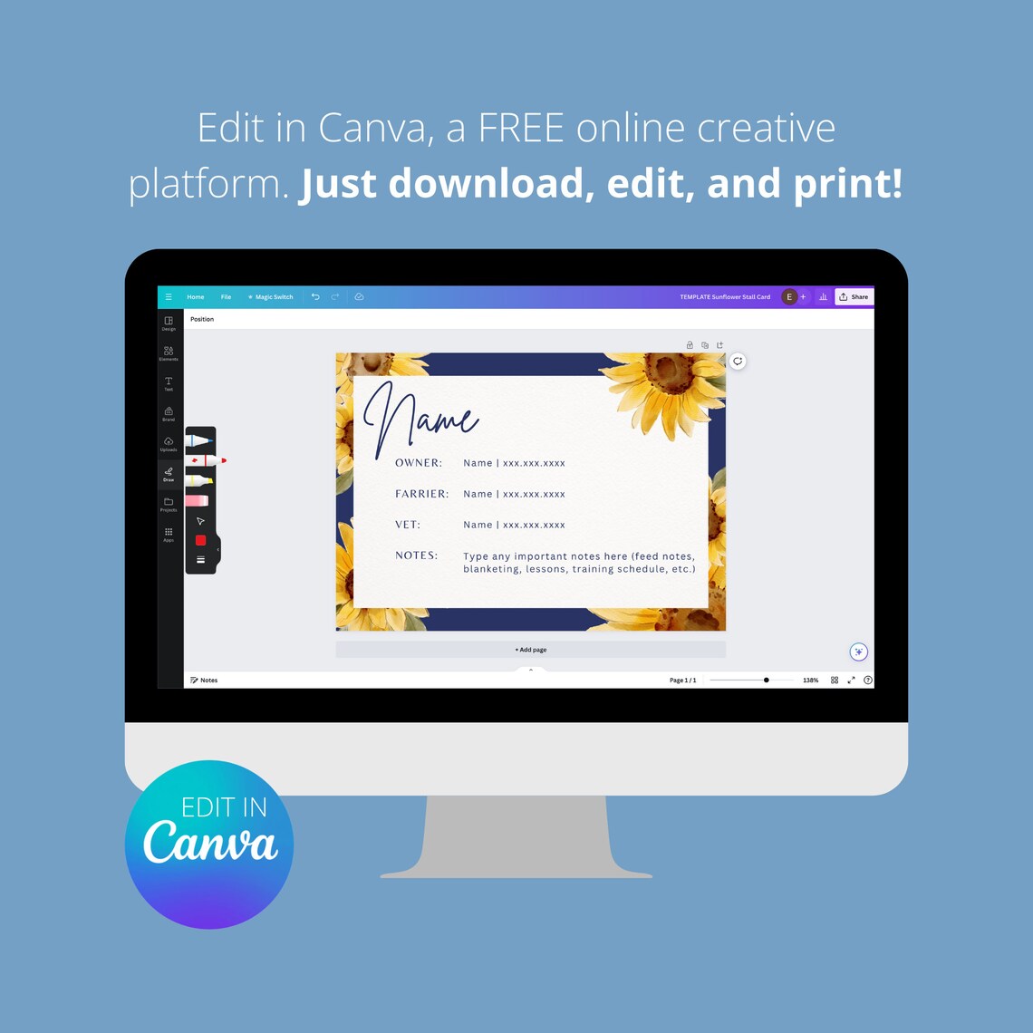 Customizable Horse Stall Card Template - Sunflower Stall Card for ...