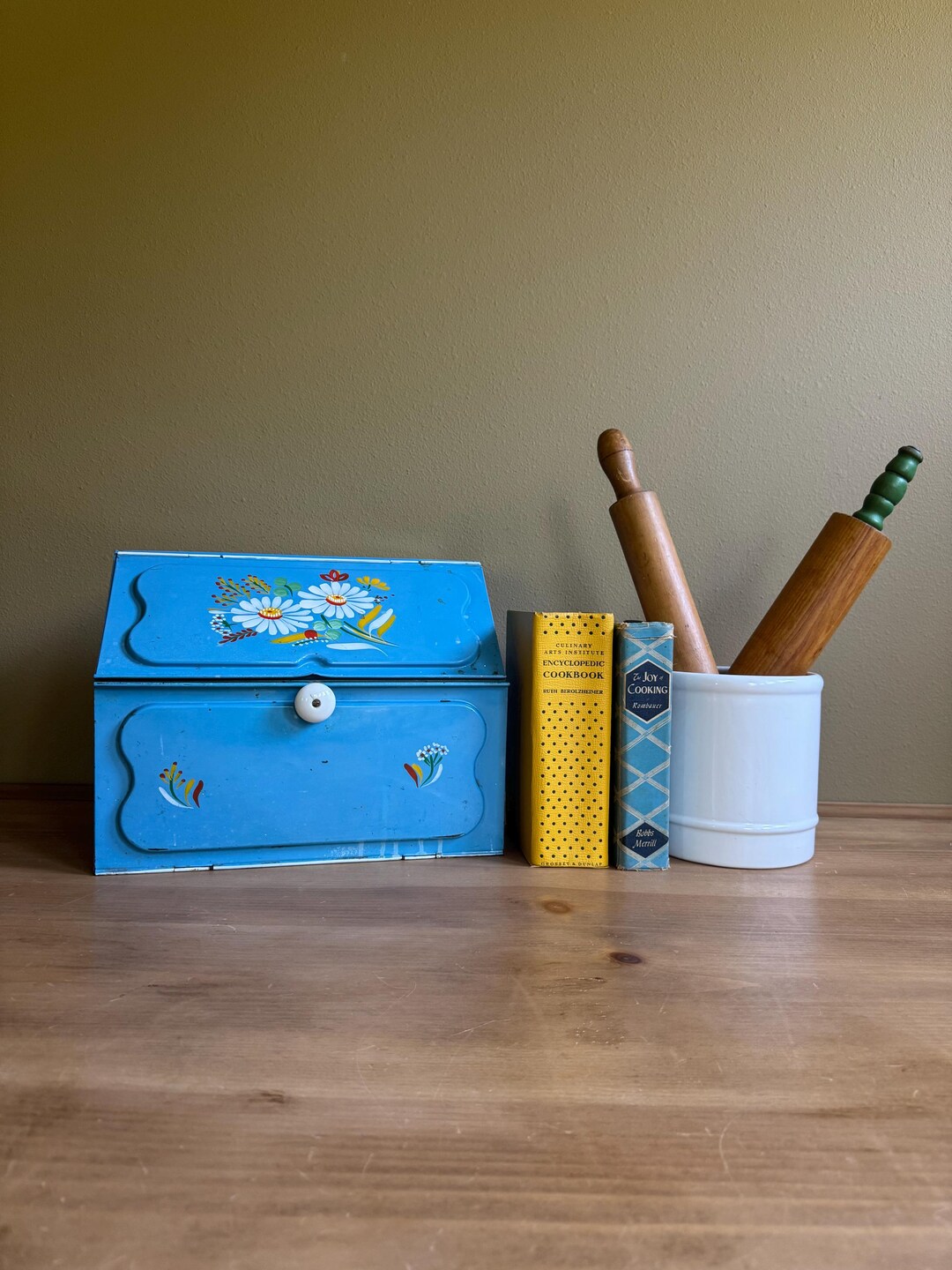 Vintage Ransburg Slant Door Bread Box With Hand Painted Kitchen Bouquet ...