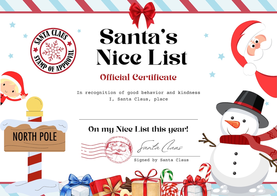 Santa Claus Official Nice List Certificate Letter From the Desk of ...