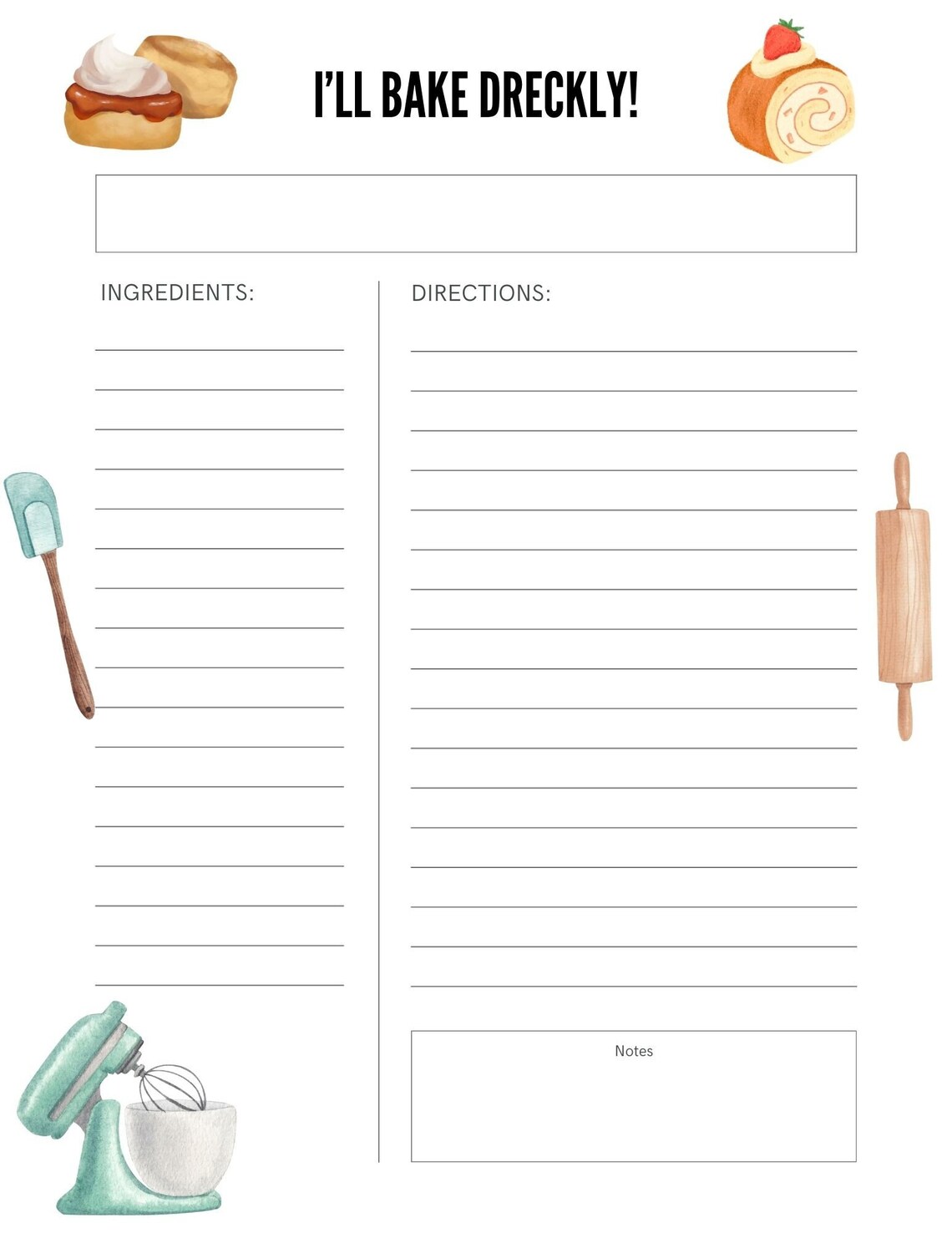Printable Recipe Card, I'll Bake Dreckly, Instant Download, Unlimited ...