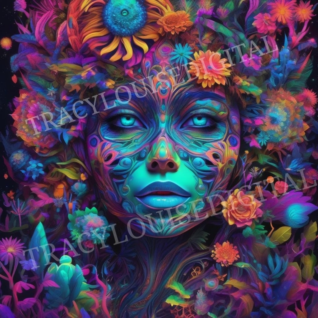 Psychedelic Art Fantasy Forest Woman, Fantasy Neon Flowers Digital ...