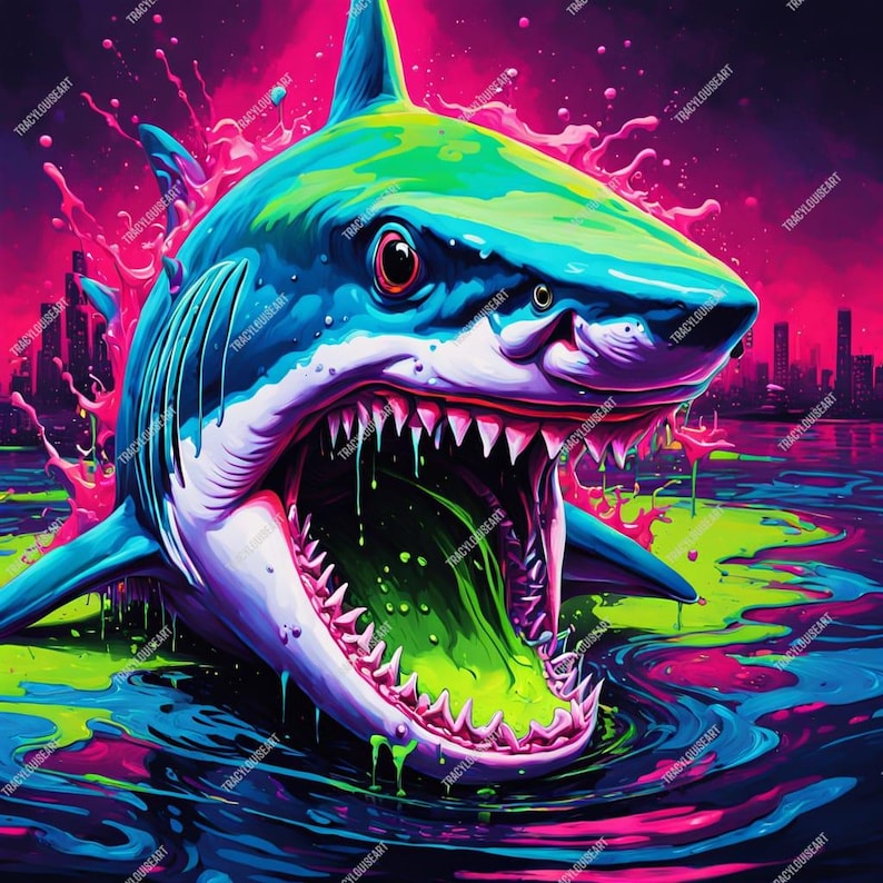 Neon Shark Digital Art, Colorful Psychedelic Print (digital Download ...