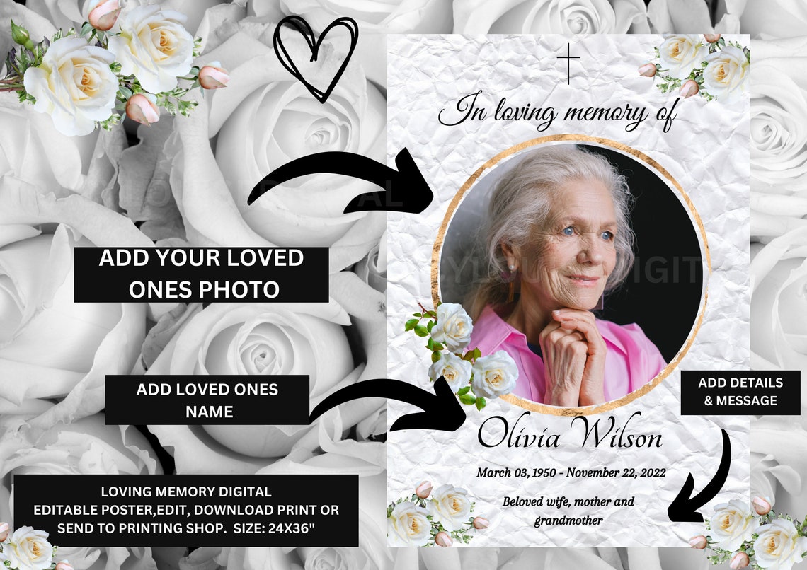 Funeral Personalised Memory Poster, Loved One Photo Size 24x36" Digital ...