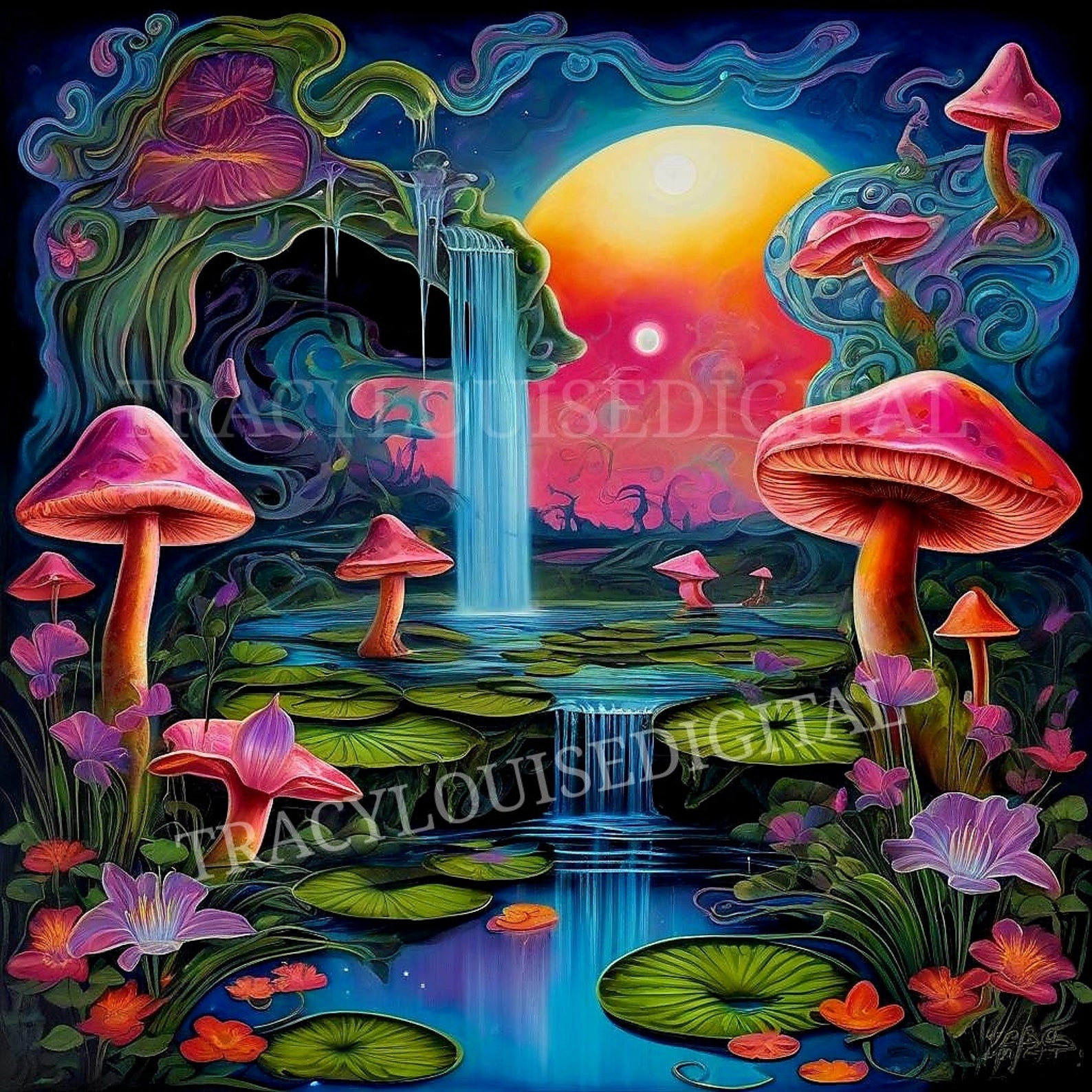 Psychedelic Neon Waterfall Fantast Forest Digital Art Download Png - Etsy