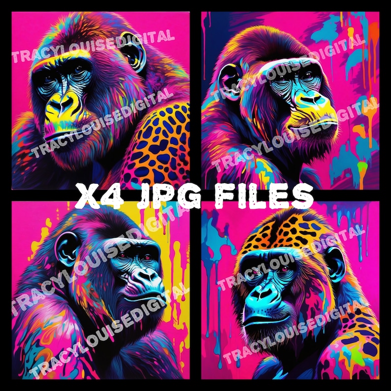 X4 Gorilla Monkey Jungle Neon Print Digital Download Wall Art Print ...