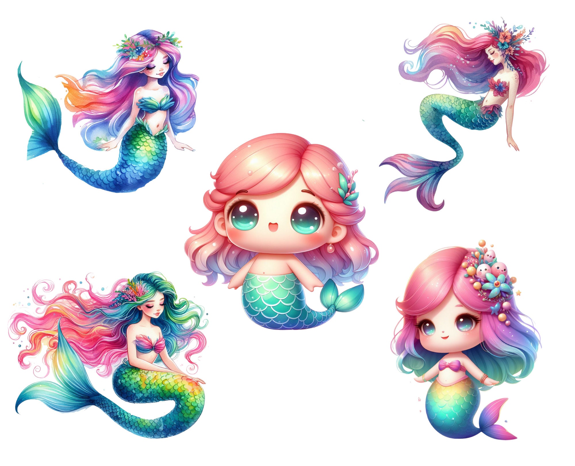 Little Mermaids Clipart, Cute Mermaid PNG, Pink Mermaid Under the Sea ...