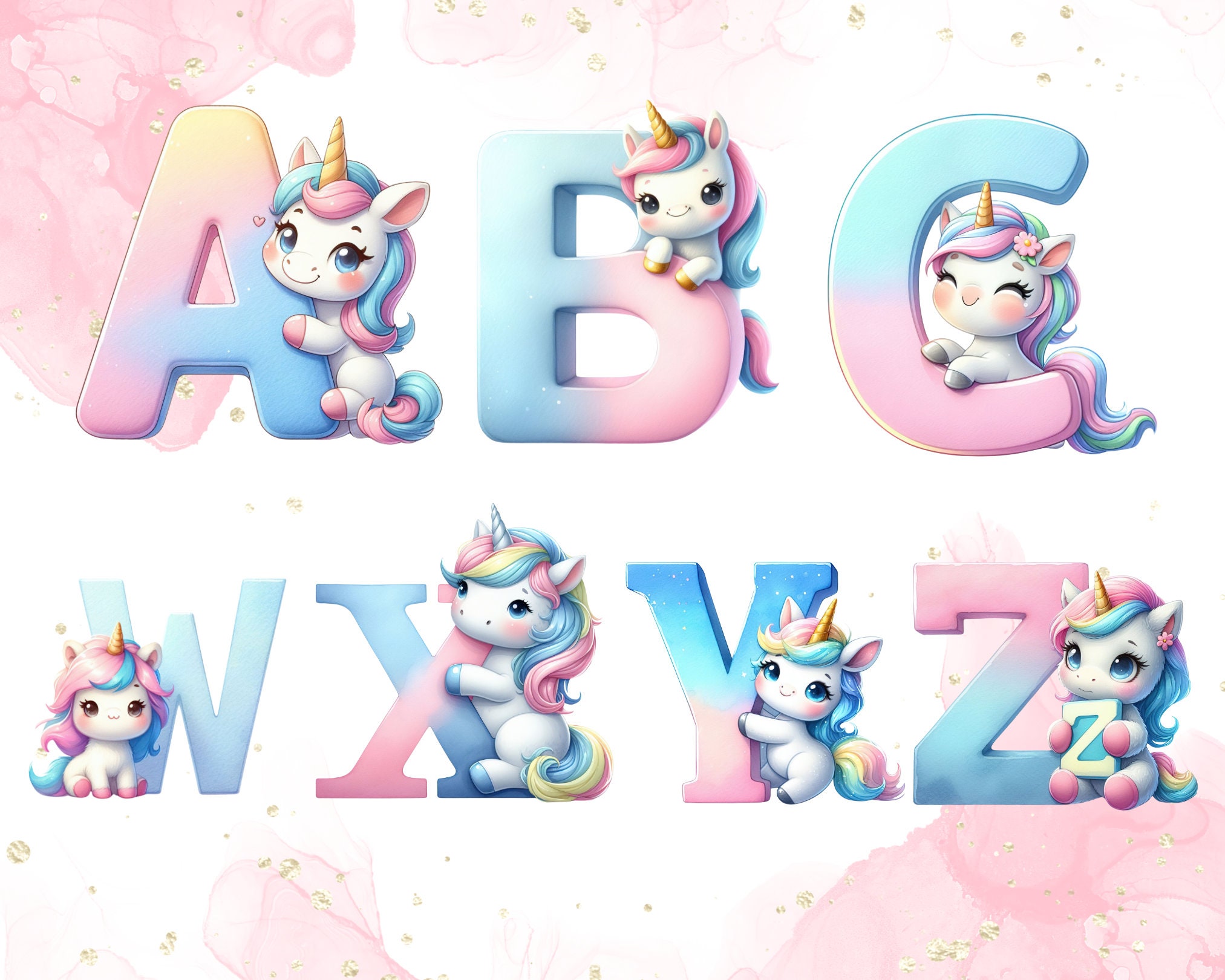 36 Cute Unicorn Alphabet PNG, Unicorn Letter, Unicorn PNG, Watercolor ...