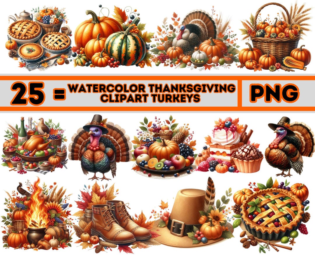 Watercolor Thanksgiving Clipart Bundle – 25 PNG Fall Turkeys, Pumpkins ...