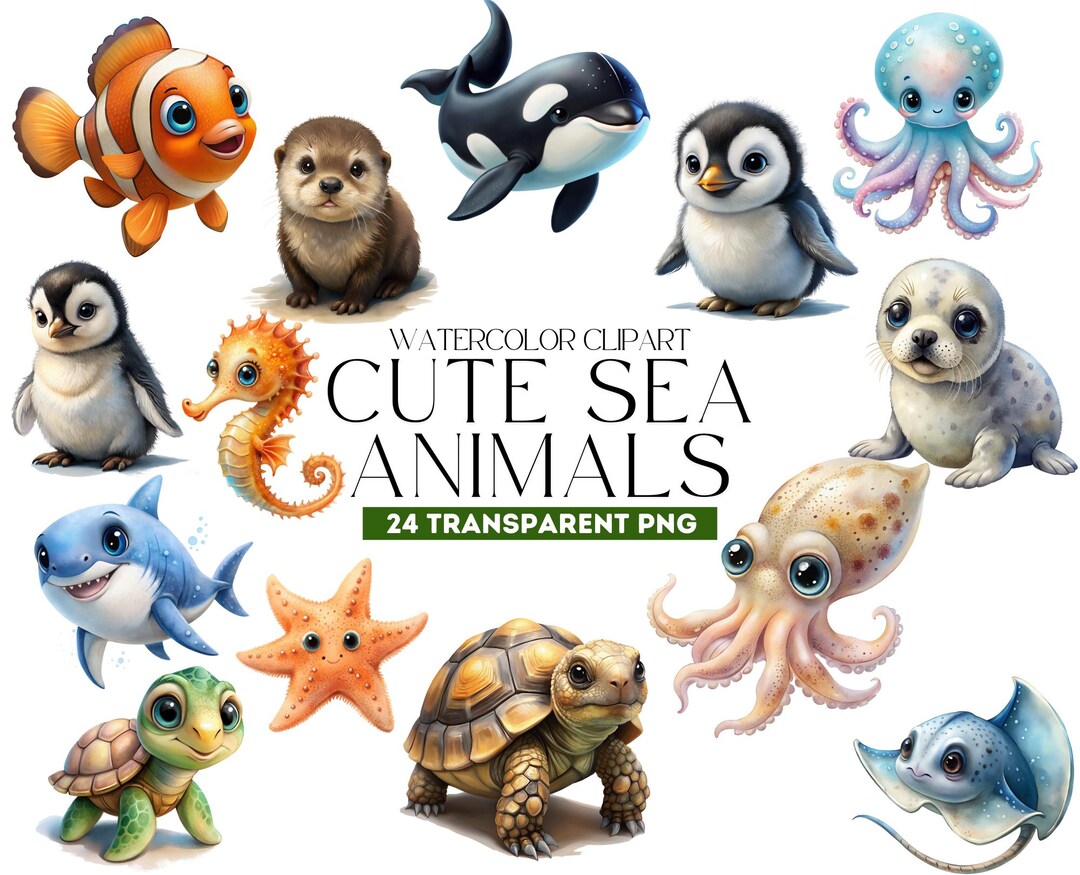 Watercolor Sea Animals Clipart Set – 24 Cute Ocean Creatures Pngs for ...