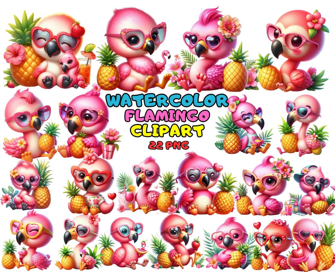 Watercolor Flamingo Clipart Set, Tropical Pineapple Summer Pngs, Cute ...