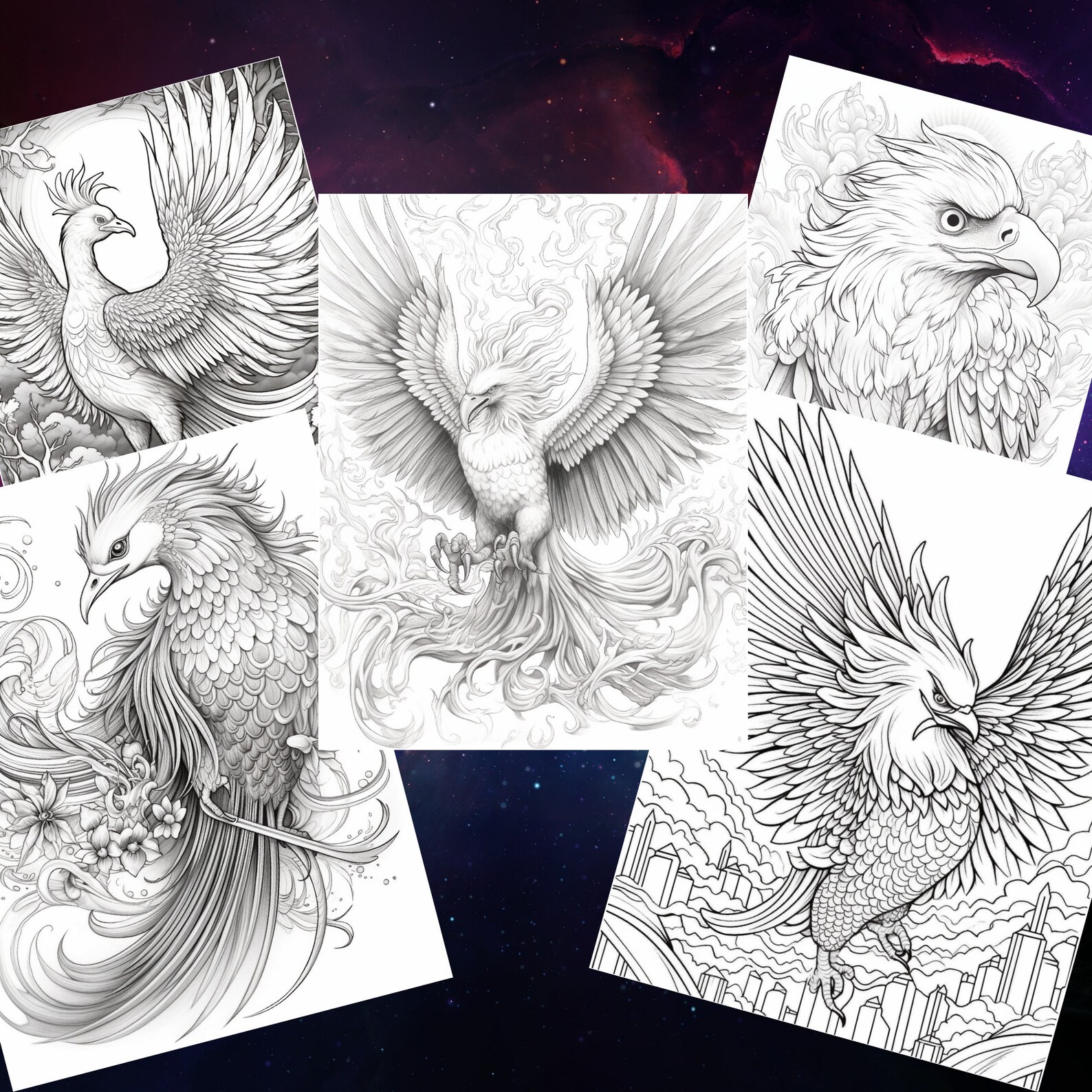 65 Grayscale PHOENIX, MYTHICAL CREATURES Coloring Book Printable Adult ...