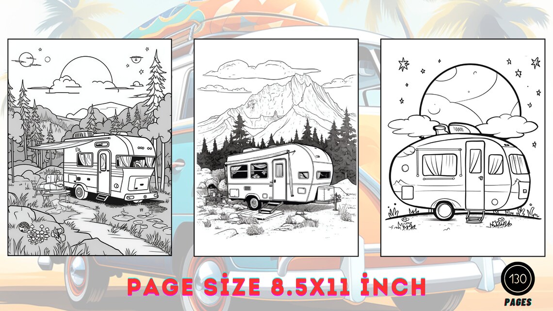130 Road Trip Caravan Coloring Pages, Adult and Kids Coloring Book ...