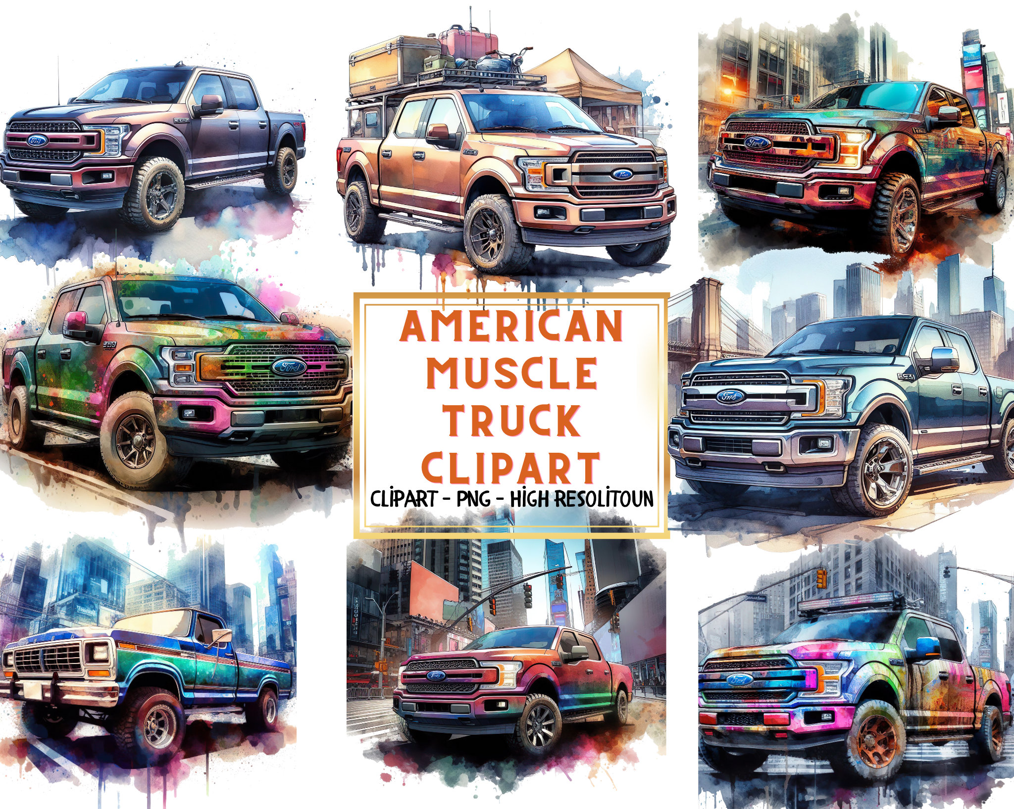 16 American Truck Pick-up PNG Clipart, Retro Pick-up Art PNG Bundle ...