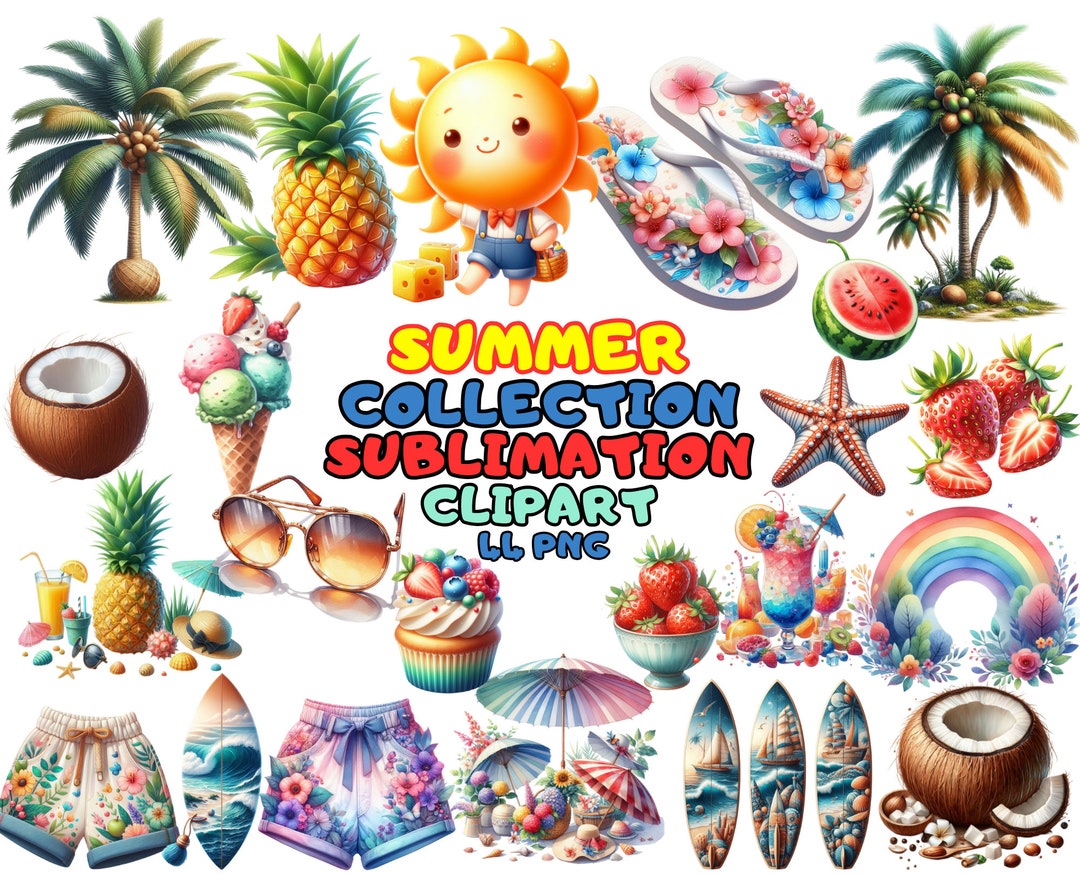 Summer Collection Sublimation Clipart, Coconut, Pineapple, Rainbow, Ice ...