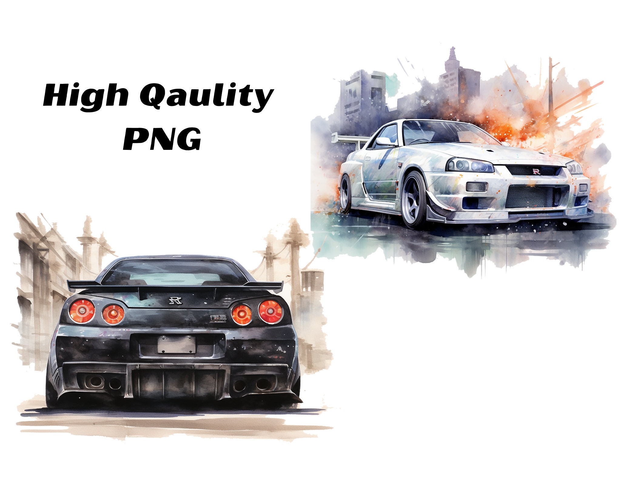 24 Watercolor GTR R34 PNG Clipart, Art Png Bundle, GTR Collection ...