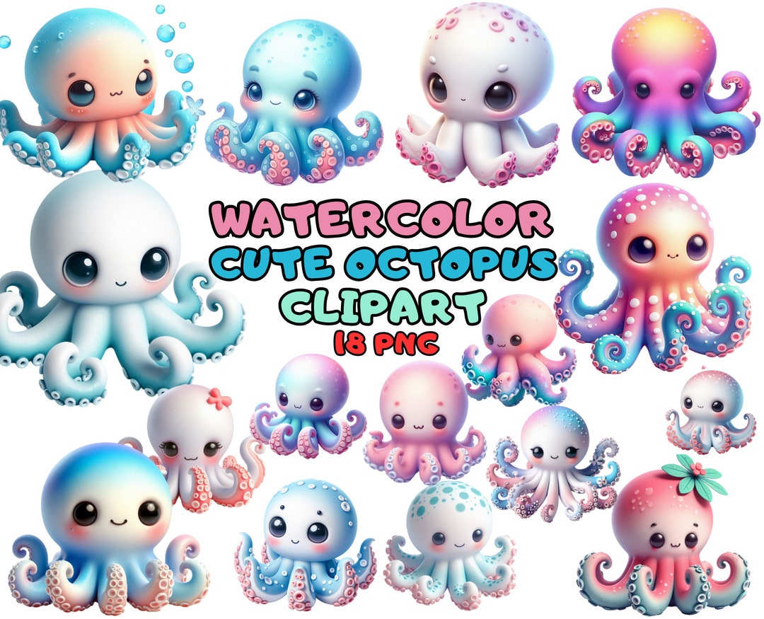 Watercolor Cute Octopuses Clipart Bundle PNG Octopus Images, Beautiful ...