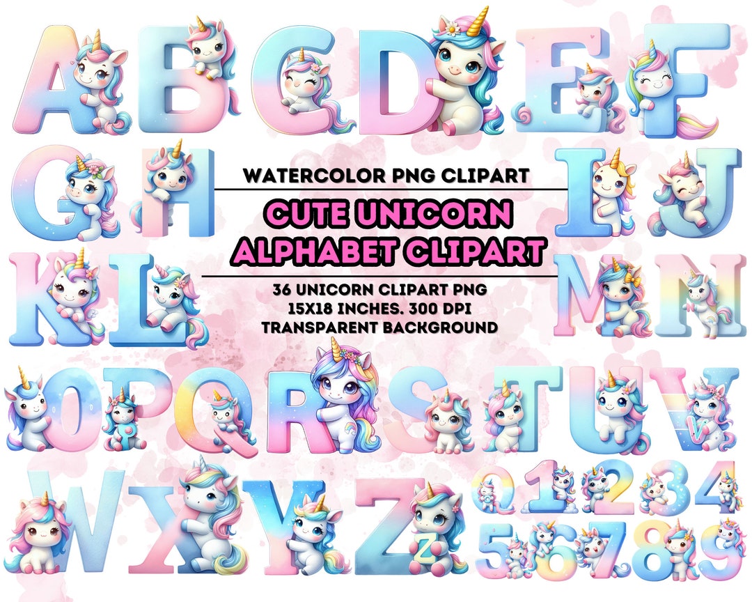 36 Cute Unicorn Alphabet PNG, Unicorn Letter, Unicorn PNG, Watercolor ...