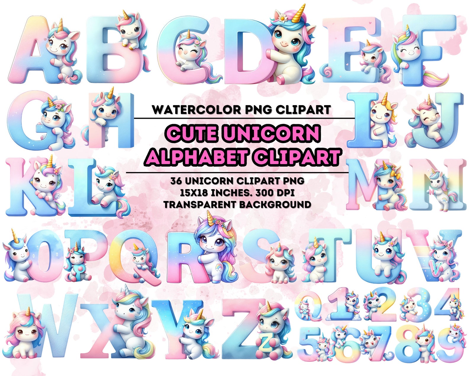 36 Cute Unicorn Alphabet PNG, Unicorn Letter, Unicorn PNG, Watercolor ...