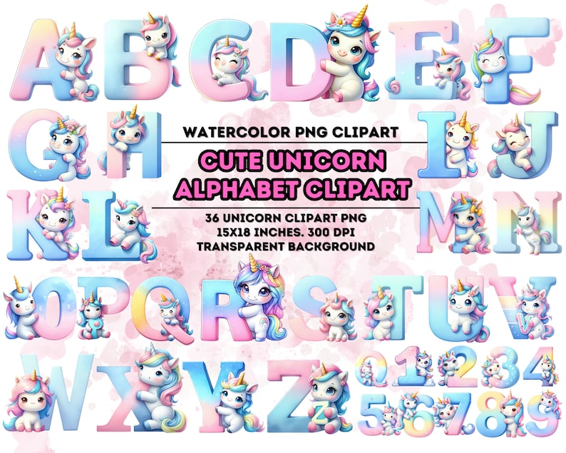 36 Cute Unicorn Alphabet PNG, Unicorn Letter, Unicorn PNG, Watercolor ...