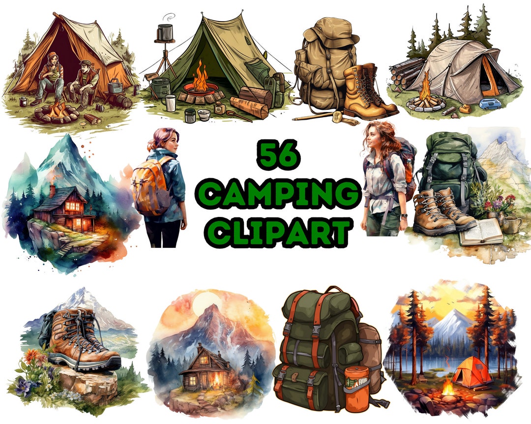 Watercolor Camping Clipart: Mountain, Tent, Campfire (PNG, Commercial ...