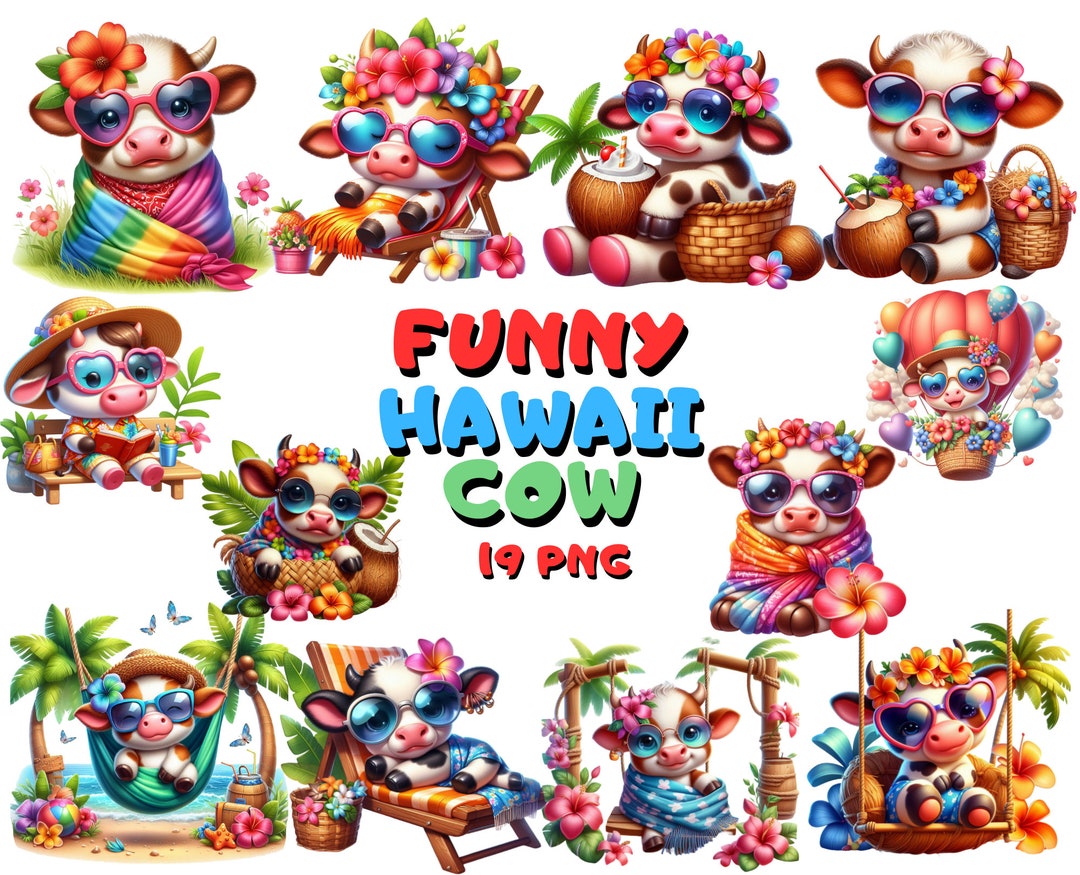Funny Hawaii Cows PNG Bundle, Cool Cow Clip Art, Funny Cow Clipart ...