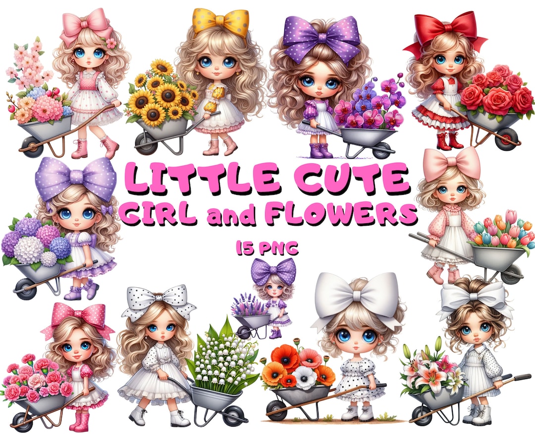 Watercolor Little Cute Girls and Flower Clipart Bundle, Young Floral ...