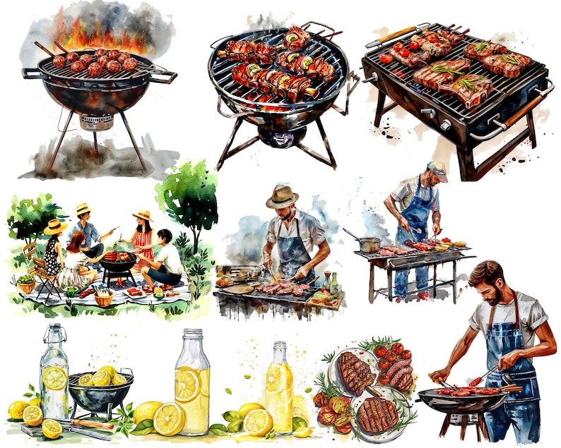 Watercolor BBQ Party Clipart Backyard BBQ Grill, American Culture ...