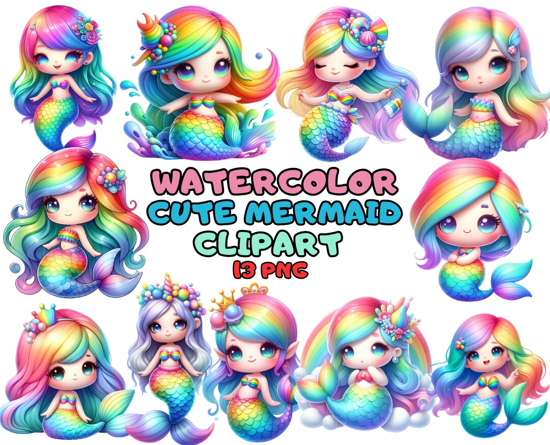 Watercolor Cute Mermaid Clipart Bundle Whimsical Little Mermaid Clipart ...