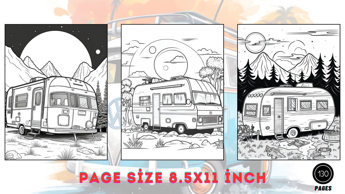 130 Road Trip Caravan Coloring Pages, Adult and Kids Coloring Book ...