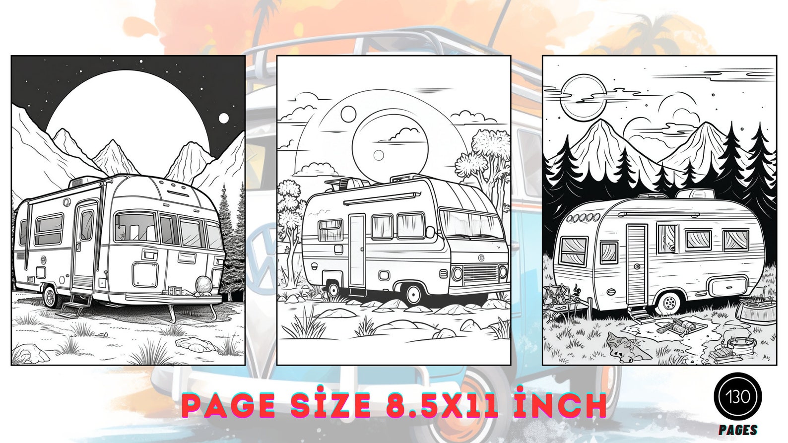 130 Road Trip Caravan Coloring Pages, Adult and Kids Coloring Book ...