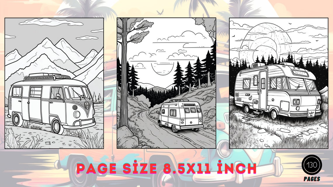 130 Road Trip Caravan Coloring Pages, Adult and Kids Coloring Book ...