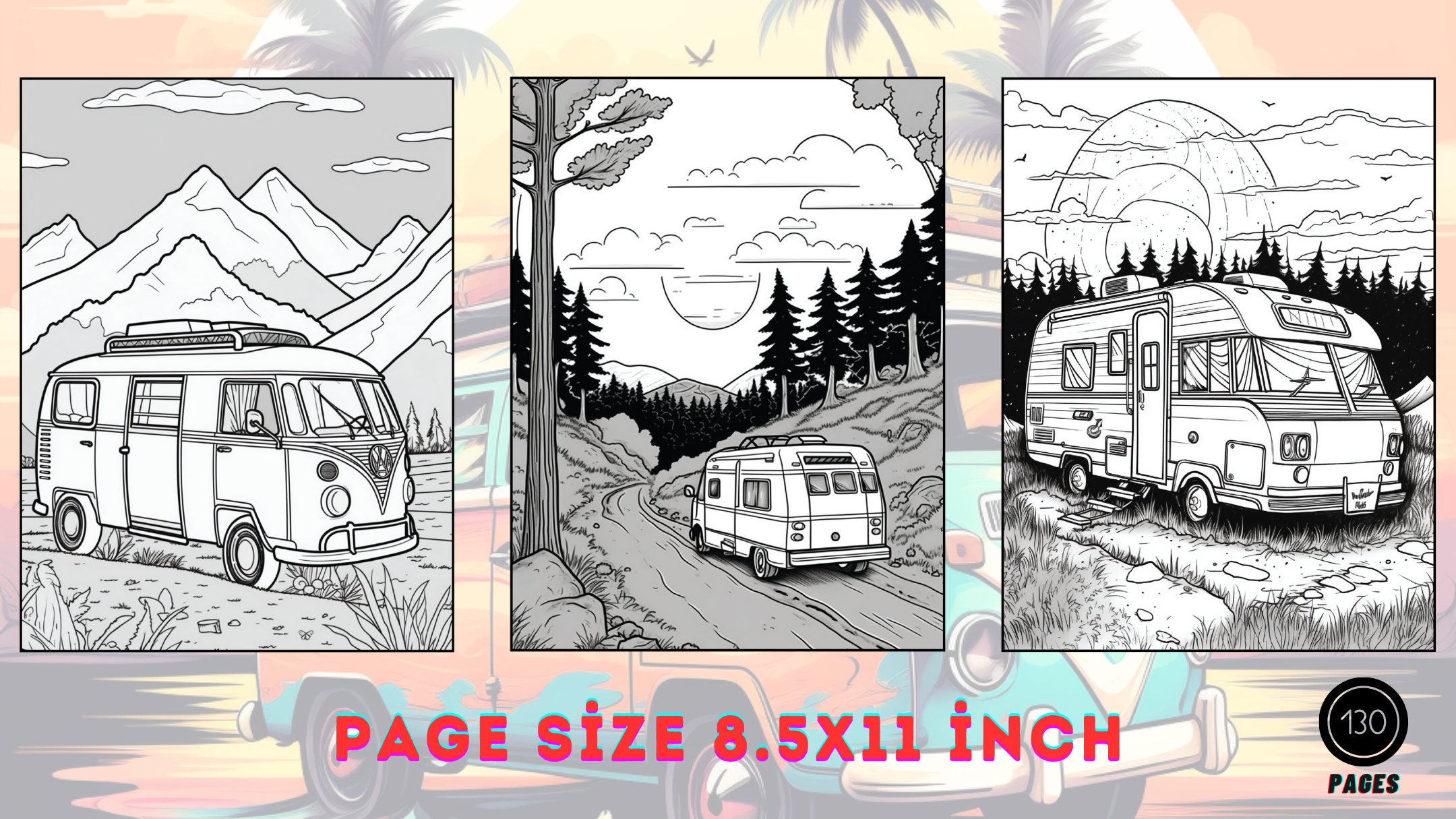 130 Road Trip Caravan Coloring Pages, Adult and Kids Coloring Book ...
