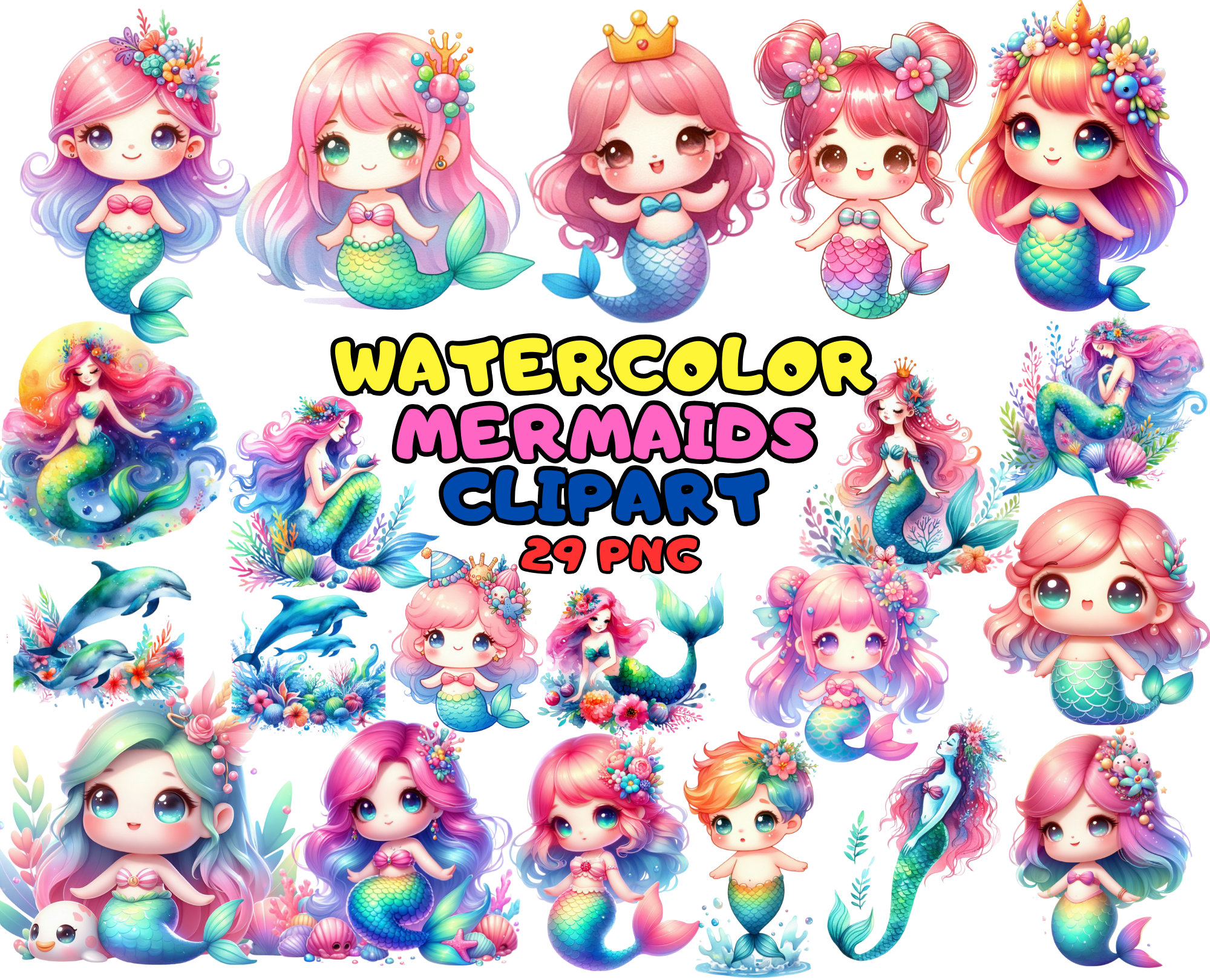 Little Mermaids Clipart, Cute Mermaid PNG, Pink Mermaid Under the Sea ...