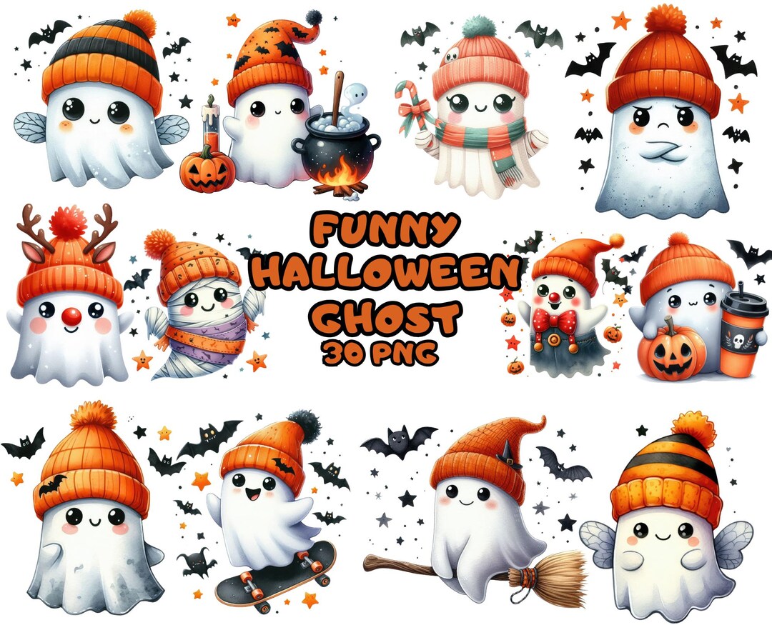 Watercolor Funny Halloween Ghost Clipart, 30 PNG Halloween Clipart ...
