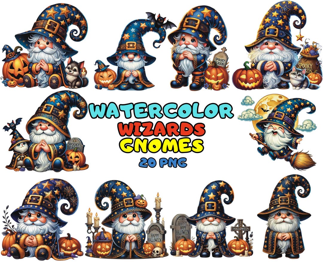 Watercolor Wizard Gnomes Collection Clipart, 20 PNG Gnome Clipart ...