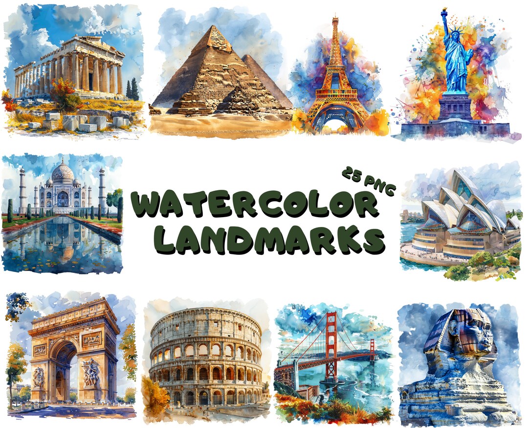 Watercolor Landmarks Clipart: Travel Illustrations (instant Download ...