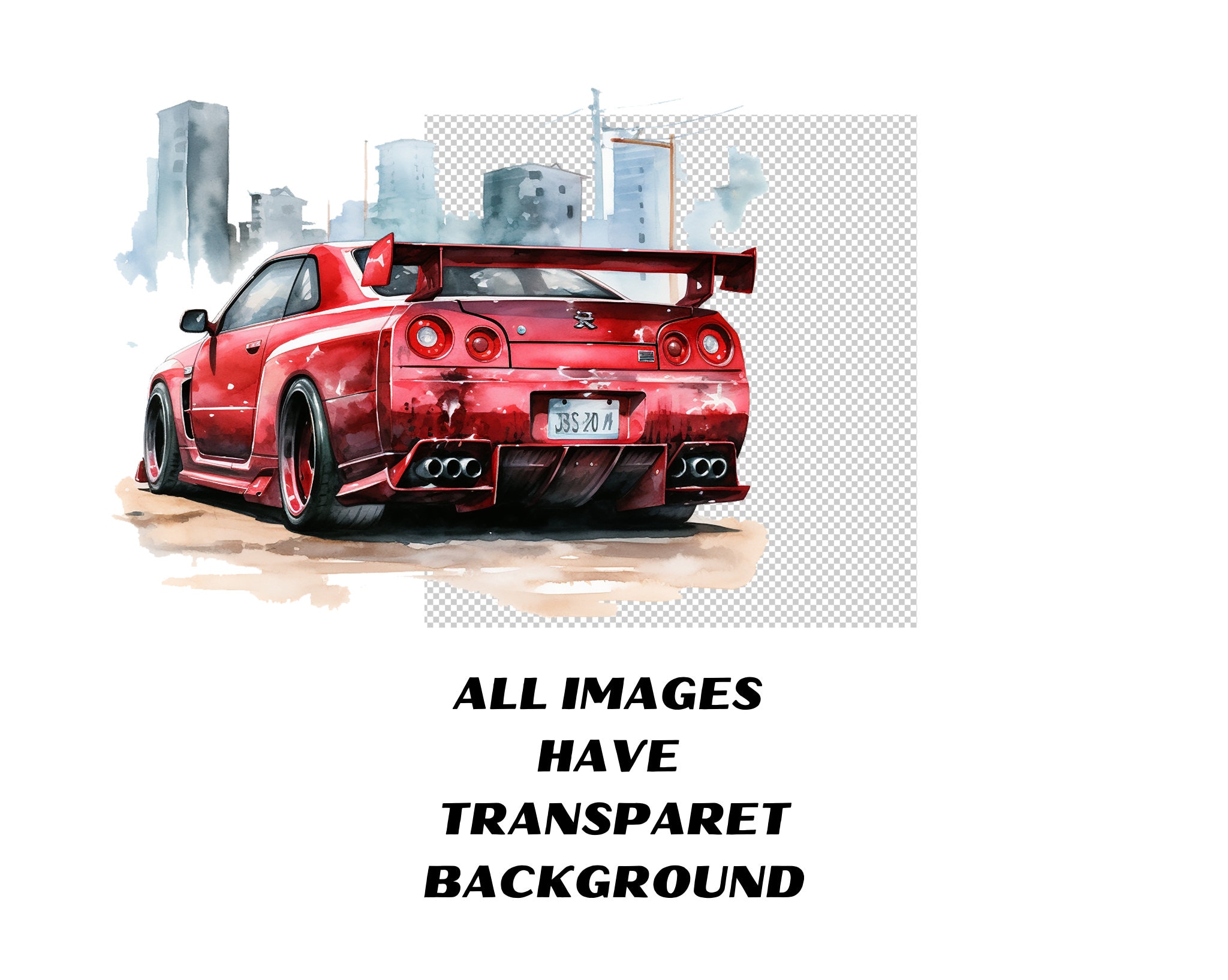 24 Watercolor GTR R34 PNG Clipart, Art Png Bundle, GTR Collection ...